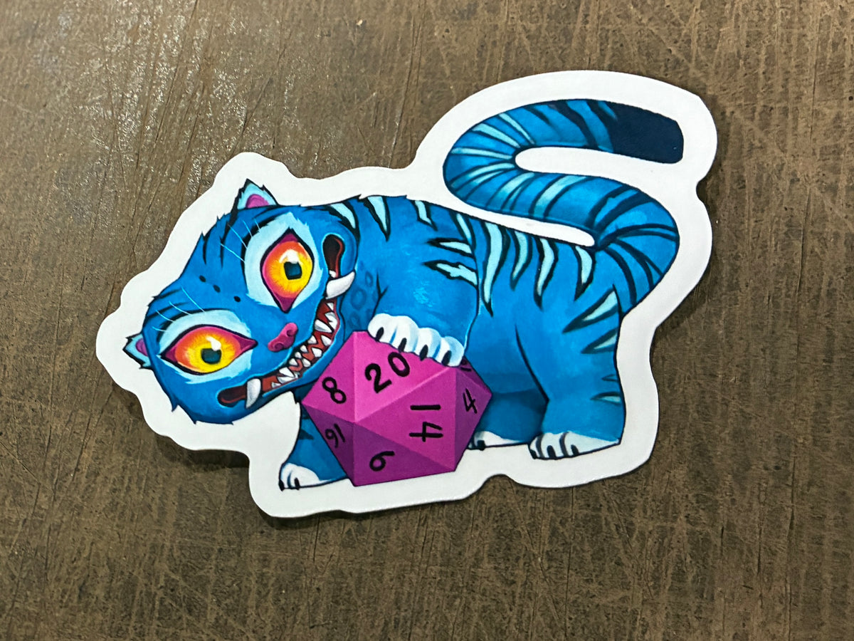 Derpy Tiger Dice Sticker – Metal Weave Games